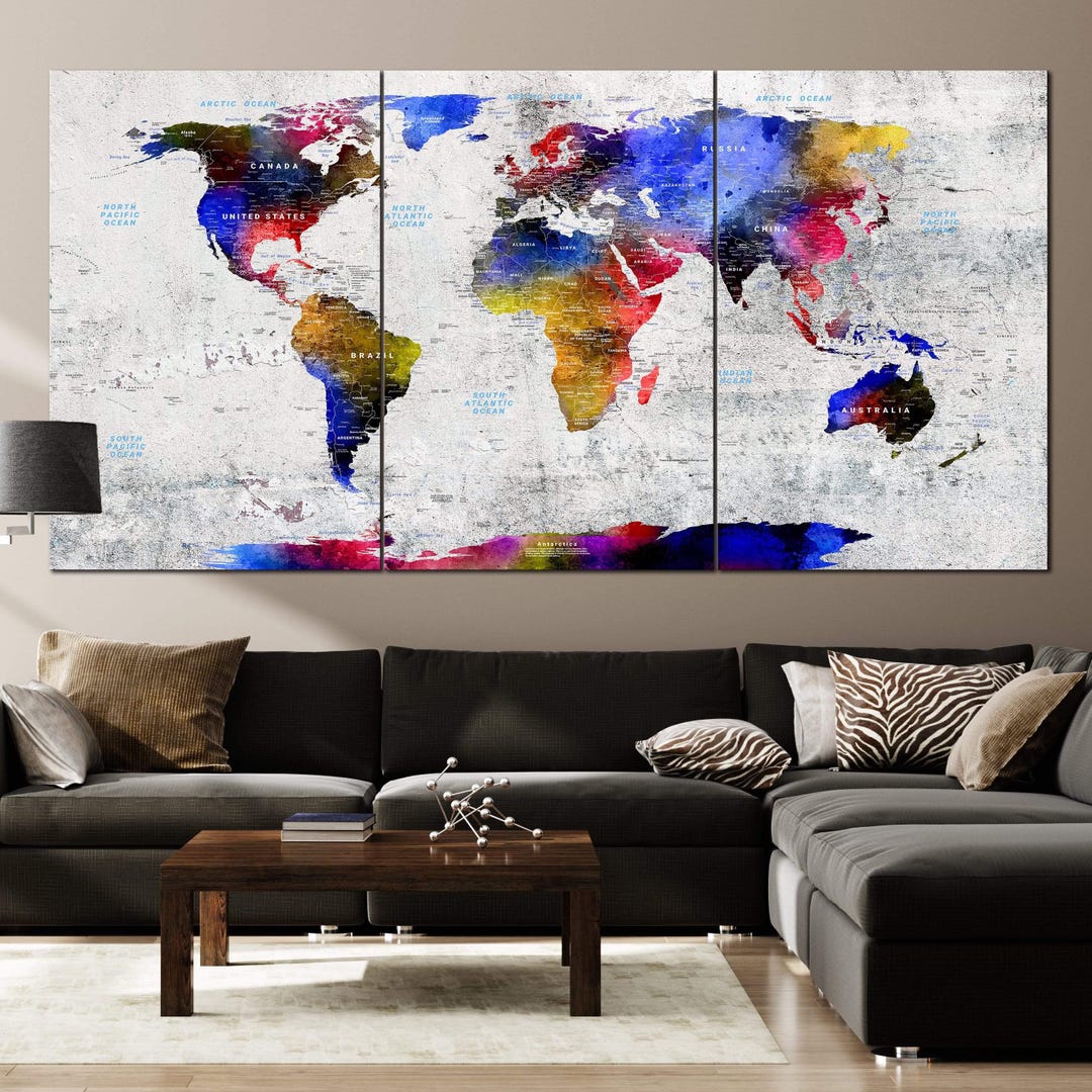 Watercolor World Map Canvas Abstract Map Multi Panel Print Colorful ...