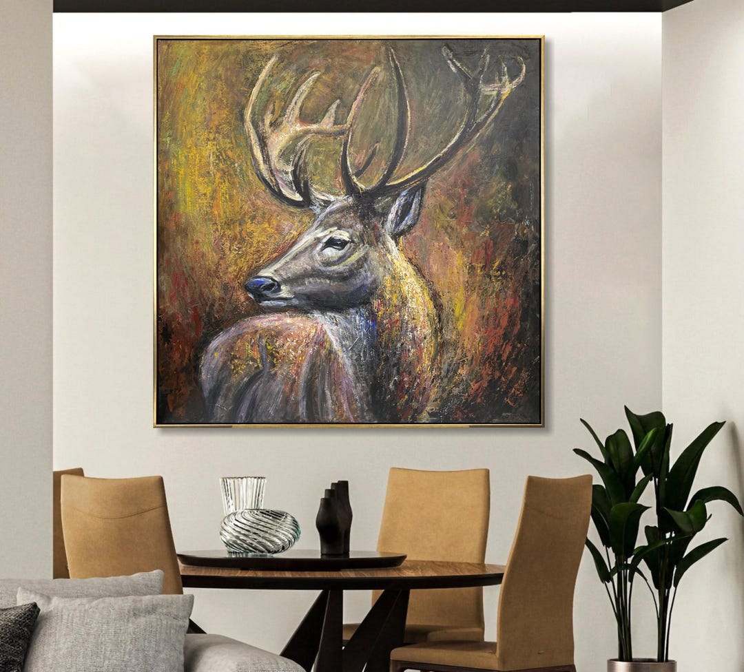 Large Stag Painting – Rustic Deer Wall Art, Textured Wildlife Canvas ...