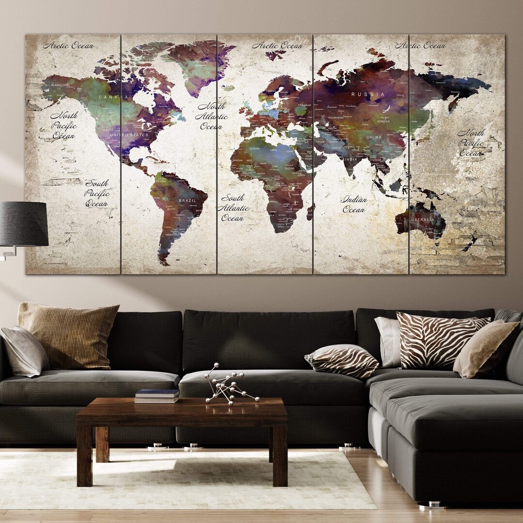 Vintage Watercolor World Map Rustic Travel Wall Art Antique Globe Multi ...