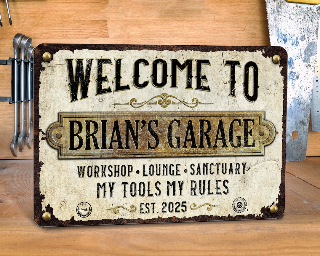 Custom Garage Sign, Aged White Vintage Design, Personalized Gift for ...