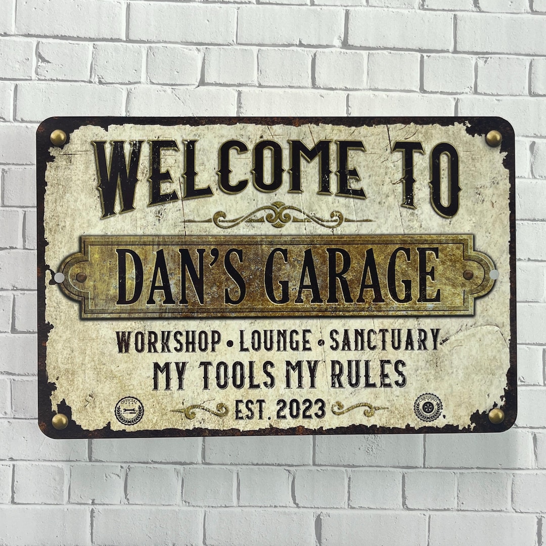 Custom Garage Sign, Aged White Vintage Design, Personalized Gift for ...