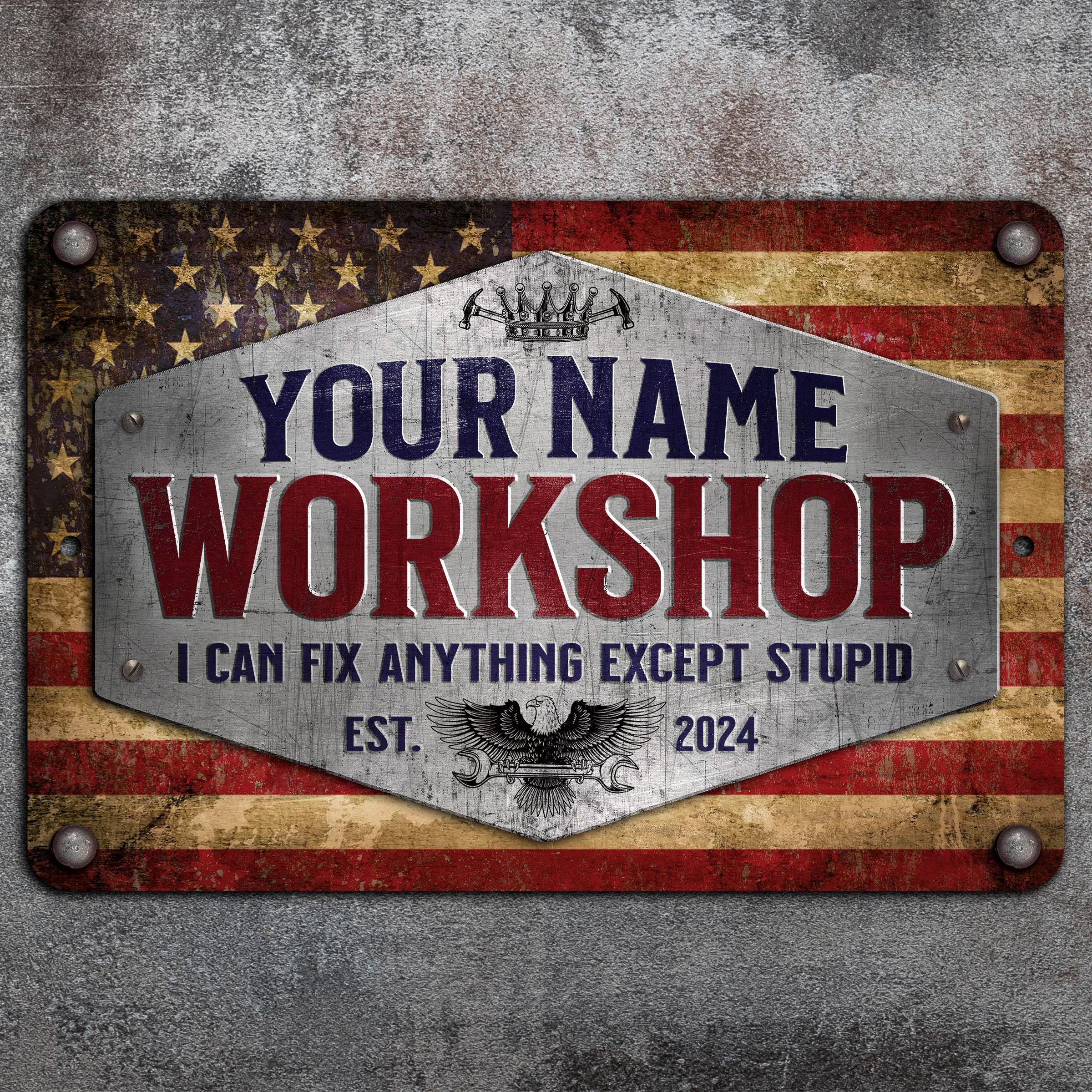 Patriotic Custom Garage Workshop Sign: Personalized American Flag Decor ...