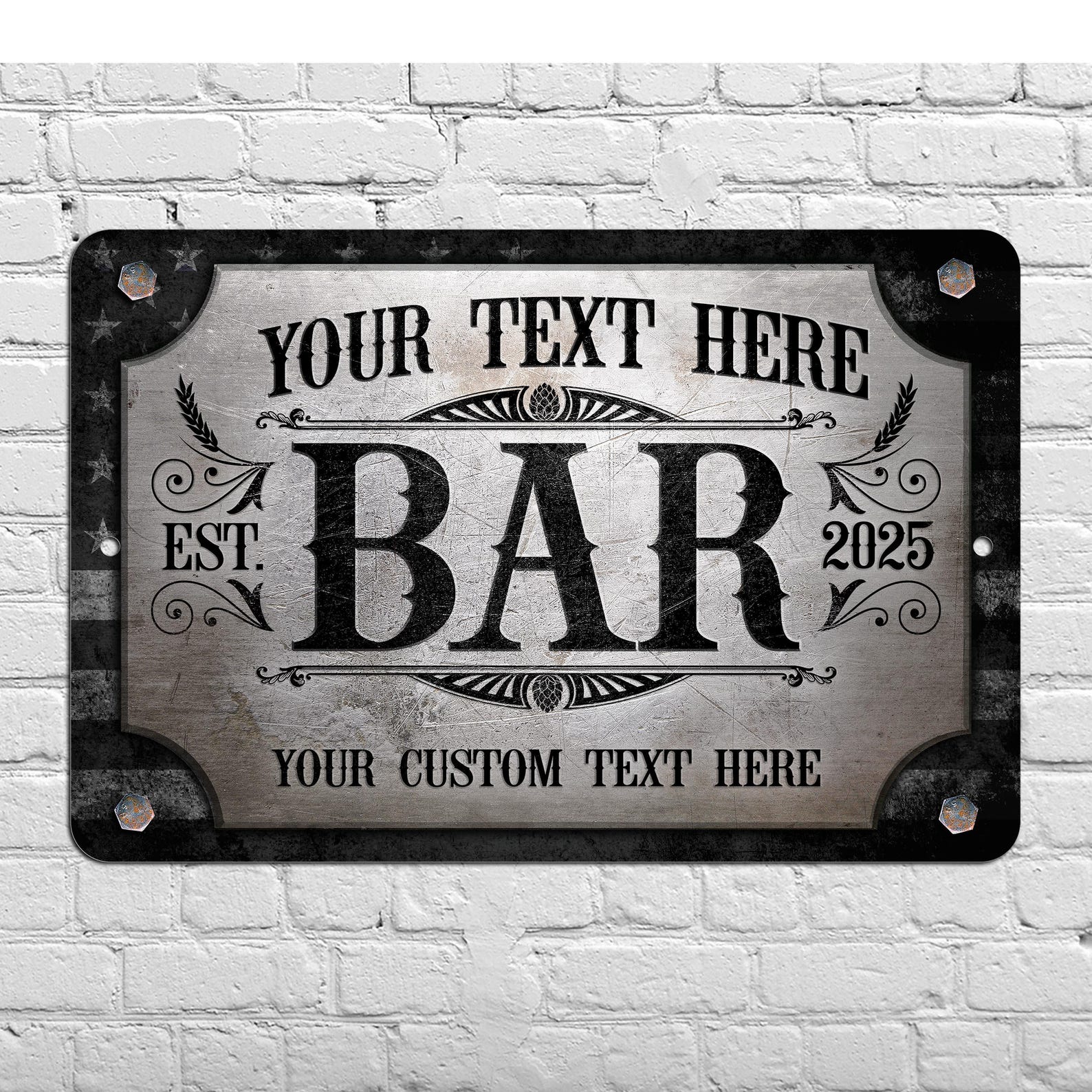 Custom Bar Sign, American Flag and Steel Design. Aluminum Metal Home ...