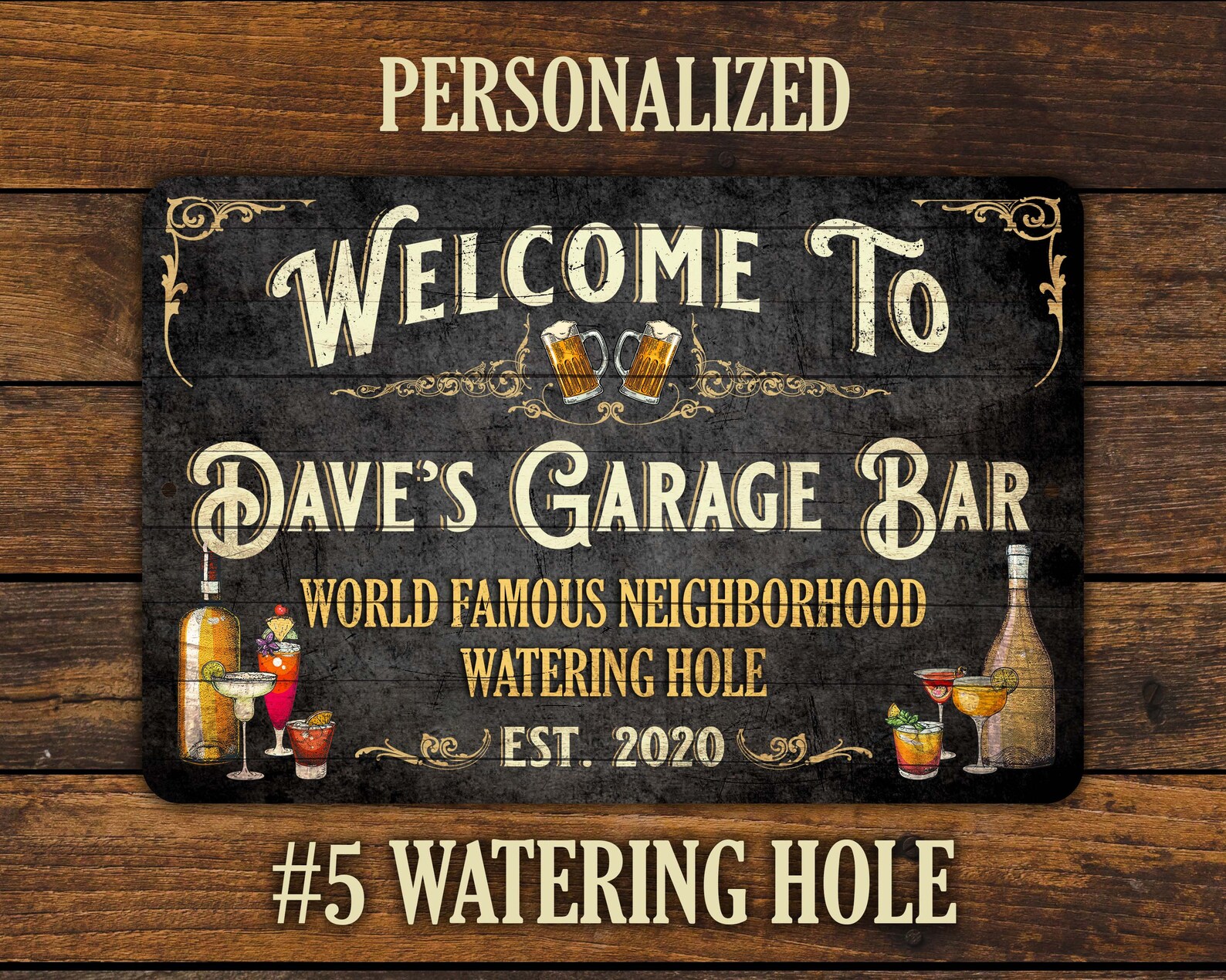 Bar Sign Vintage Black Wood Design Personalized Metal Sign - Etsy