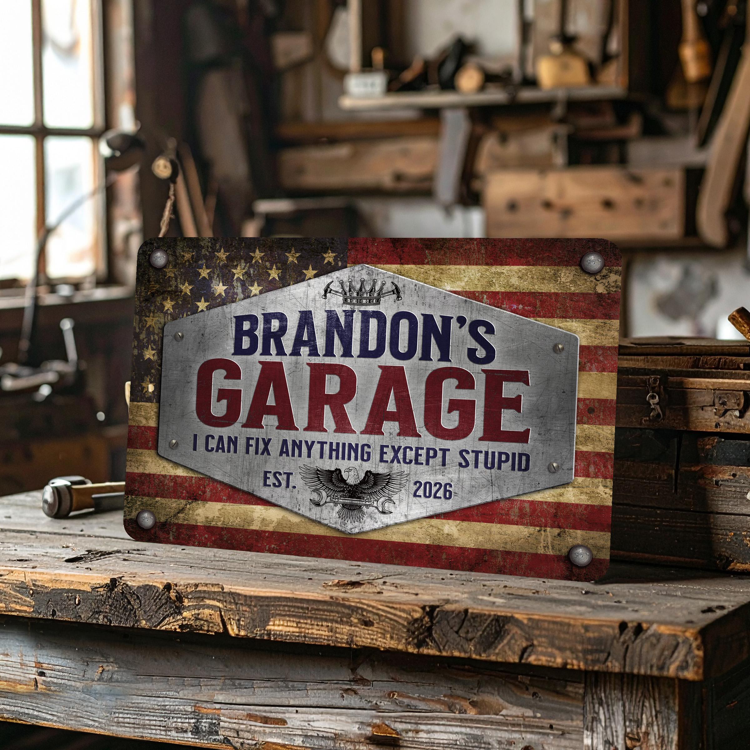 Patriotic Custom Garage Workshop Sign: Personalized American Flag Decor ...