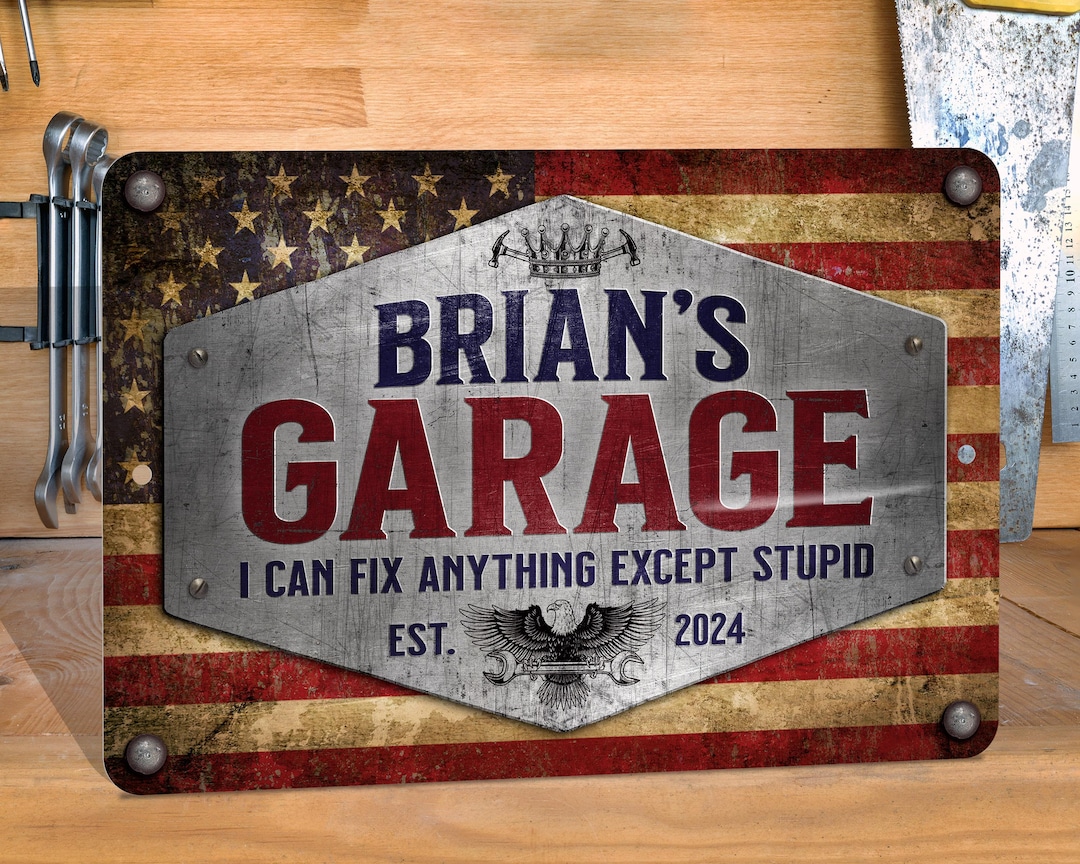 Patriotic Custom Garage Workshop Sign: Personalized American Flag Decor ...