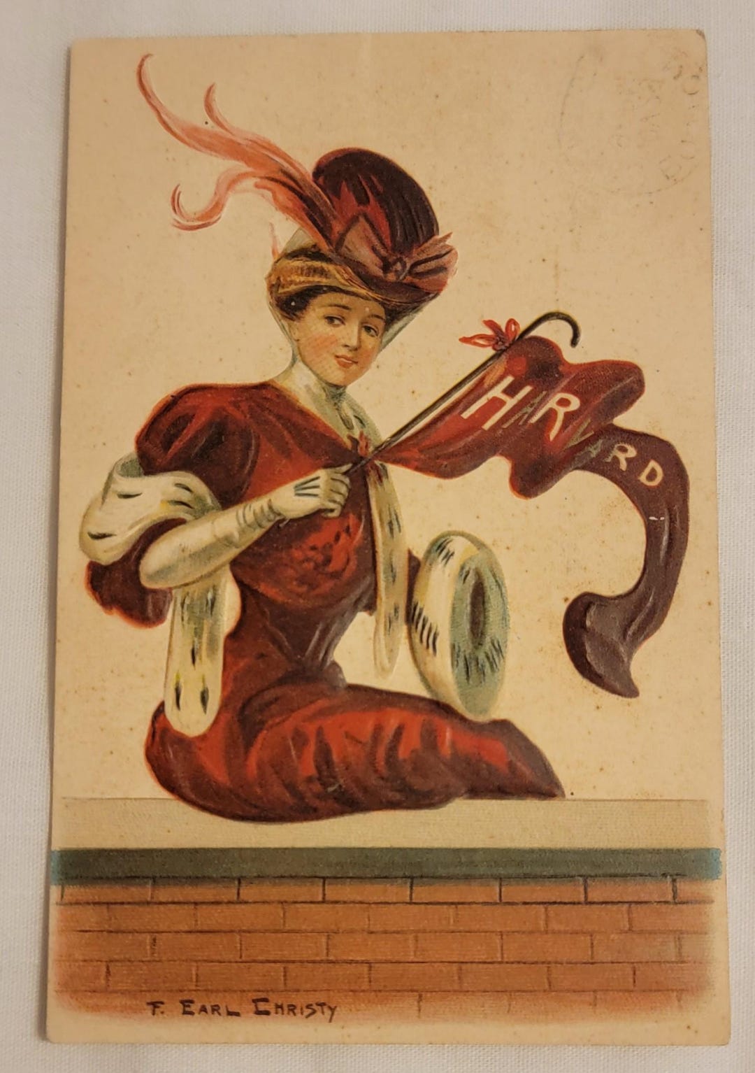 Vintage 1900's Post Card College Girl Cheering Harvard Artist F Earl ...