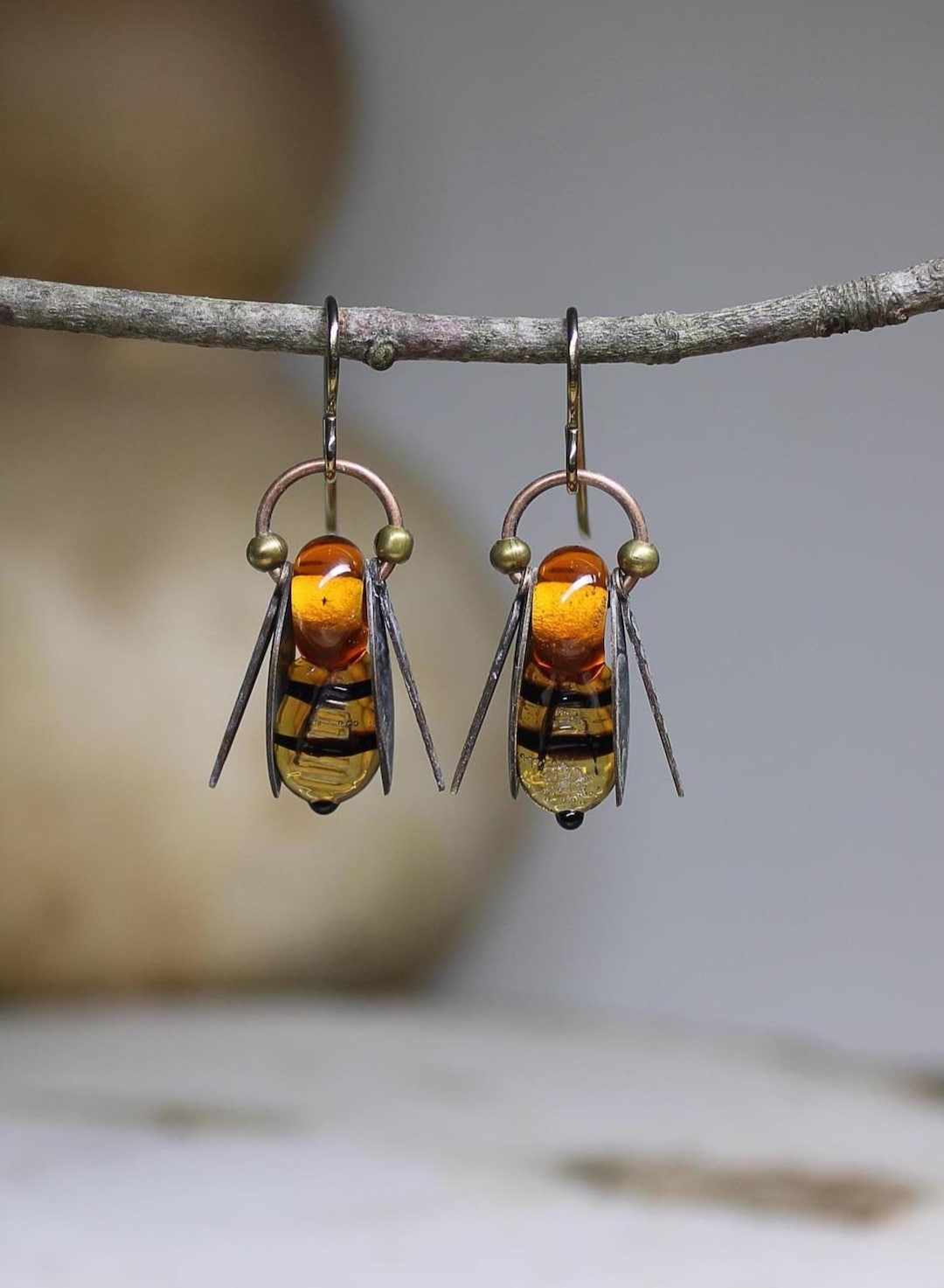 Bumble Bee * Amber Glass Dangles * Nature Lover Gift. * Bee Earrings - Etsy