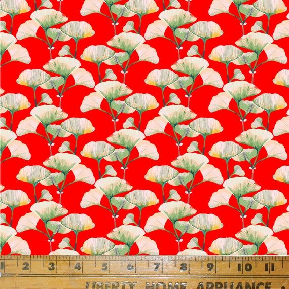 Gingko Leaves Fabric Print in Red. Cotton Fabric / Flower | Etsy