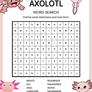 Axolotl Word Search Printable, Instant Download, Parties, 2024 Girl ...