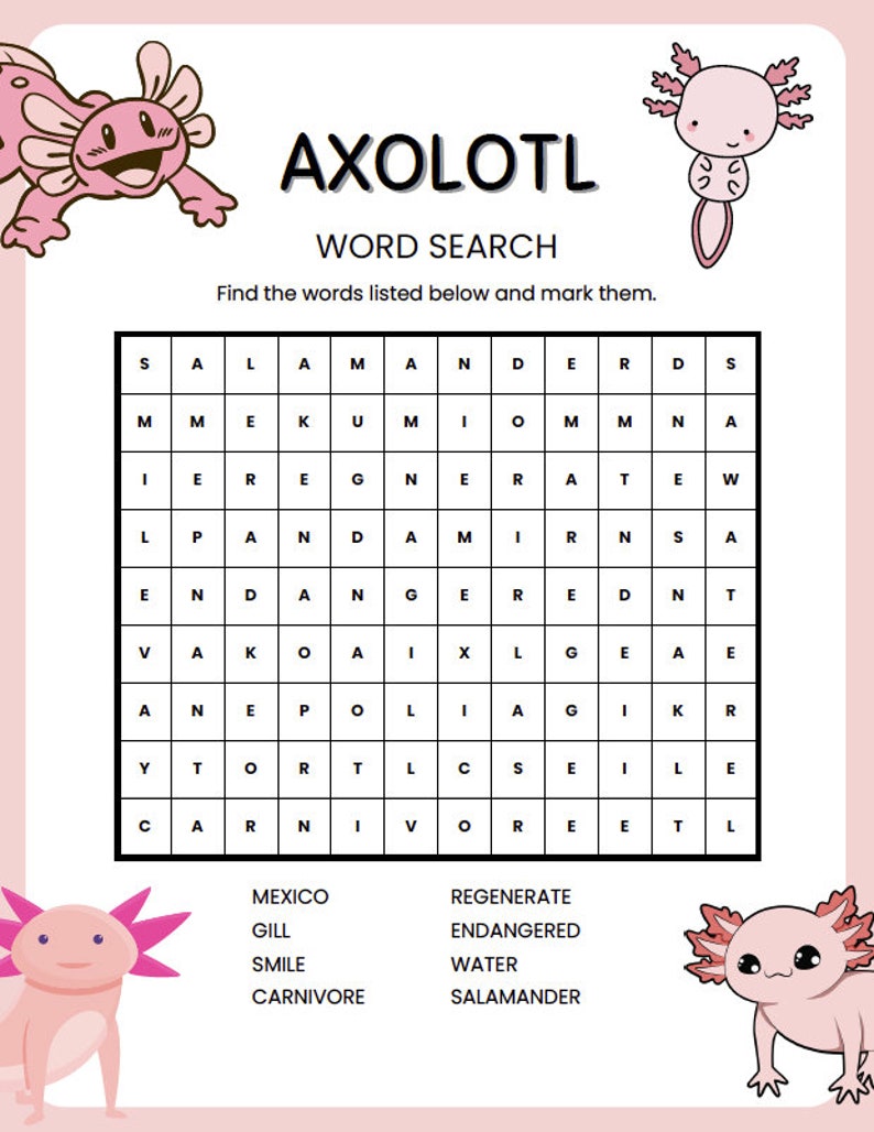 Axolotl Word Search Printable, Instant Download, Parties, 2024 Girl ...