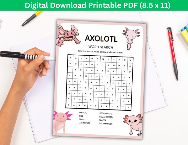 Axolotl Word Search Printable, Instant Download, Parties, 2024 Girl ...