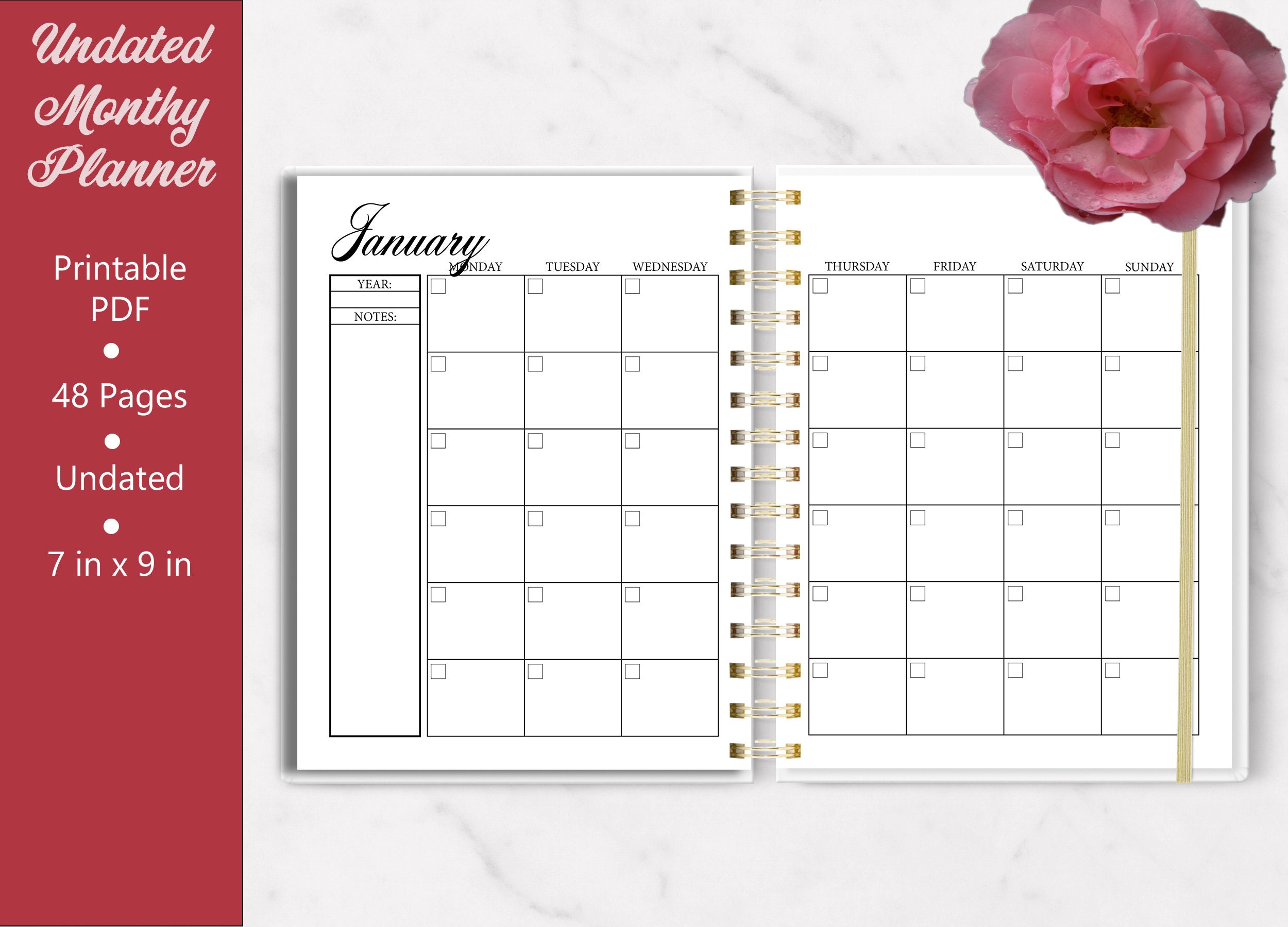 Monthly Planner Undated Month on Two Pages, Planner Inserts, Mon/sun ...