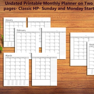 Undated Printable Monthly Calendar on Two Pages, Classic HP, Sunday and ...