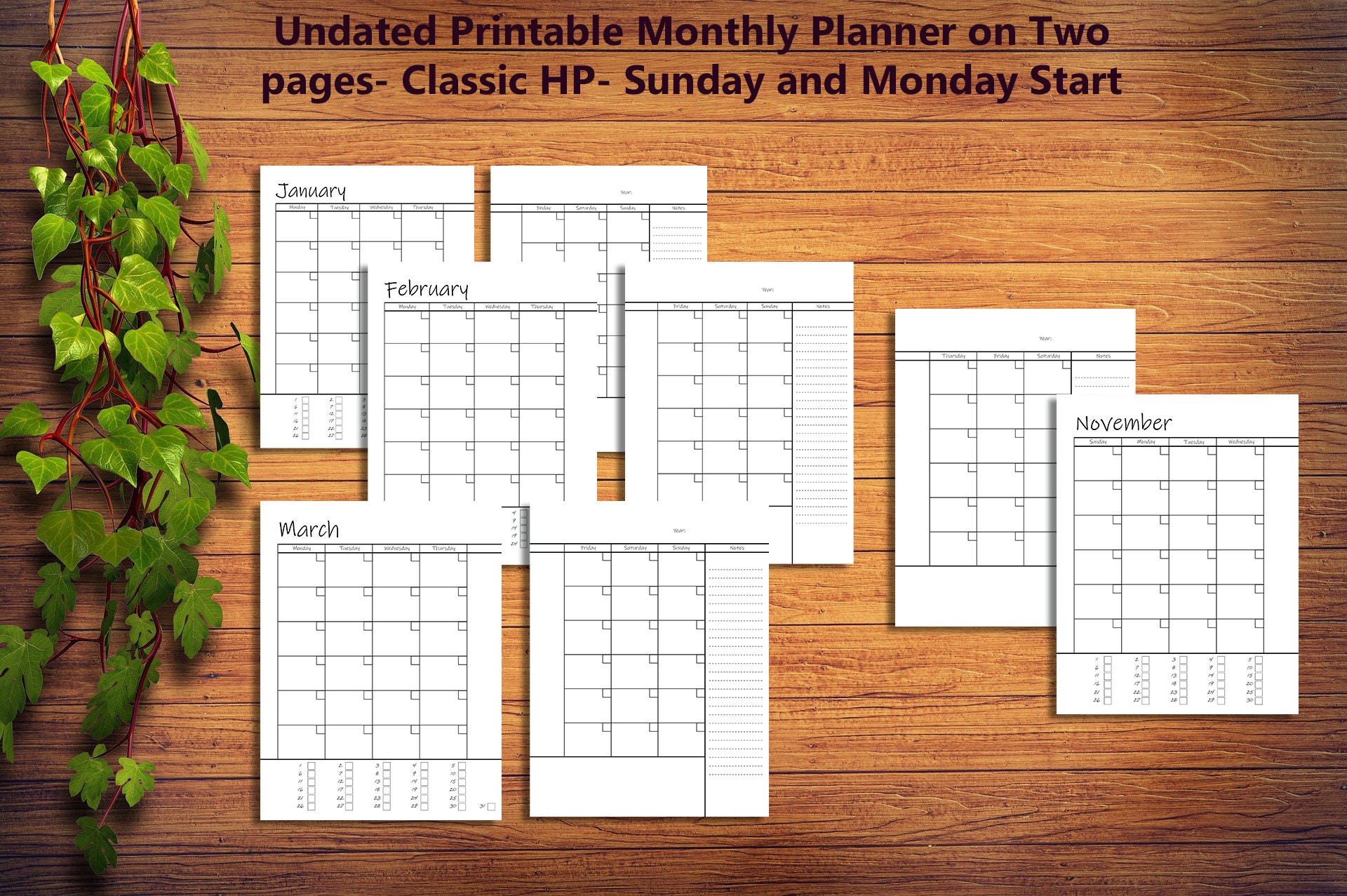 Undated Printable Monthly Calendar on Two Pages, Classic HP, Sunday and ...