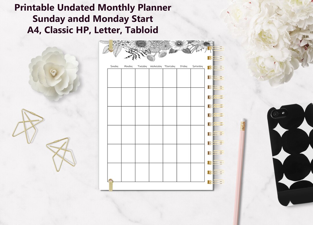 Undated Monthly Calendar, Printable Large Calendar, 2 Design Package ...
