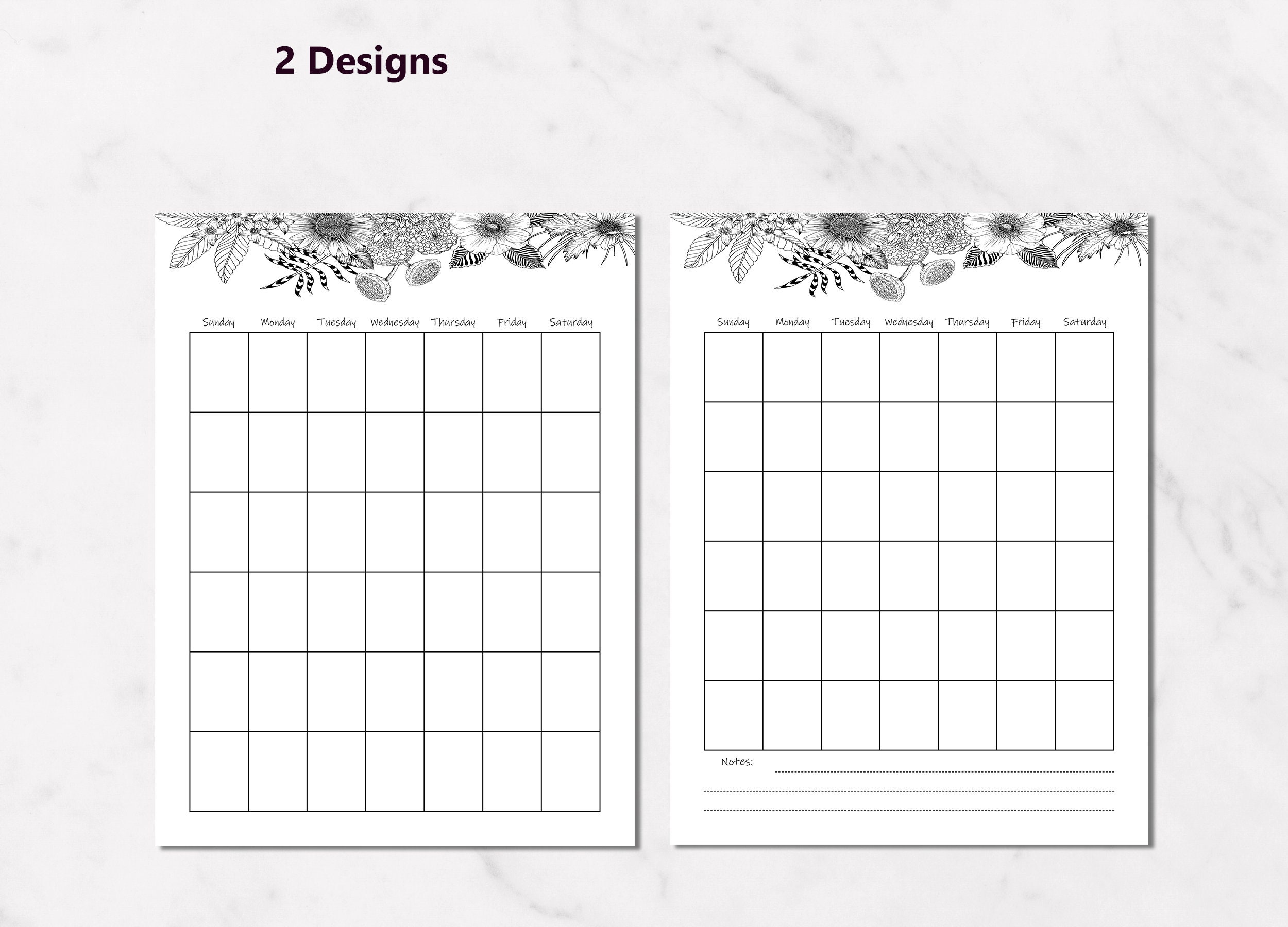 Undated Monthly Calendar, Printable Large Calendar, 2 Design Package ...