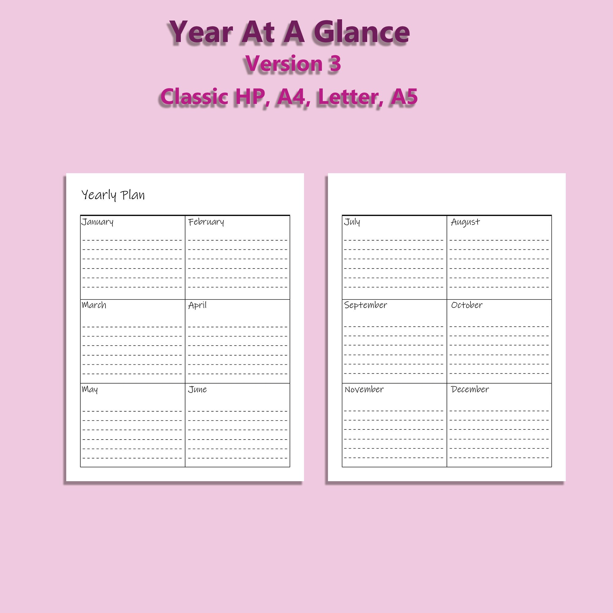 Year at a Glance, Two Page Yearly Planner Printable, 12 Month Overview ...