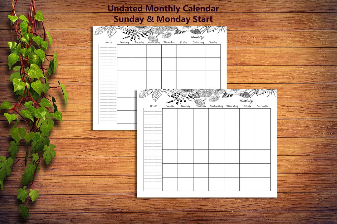 Undated Printable Monthly Calendar, Landscape Month on One Page, Letter ...