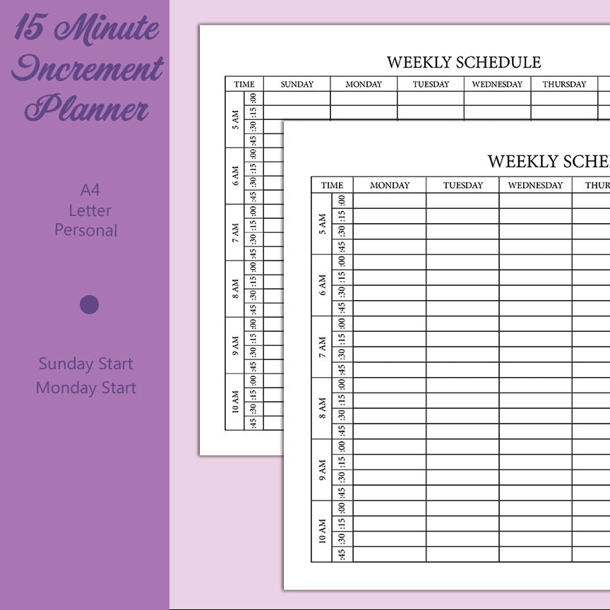 15 Minute Increment Weekly Planner: Landscape Schedule (digital ...