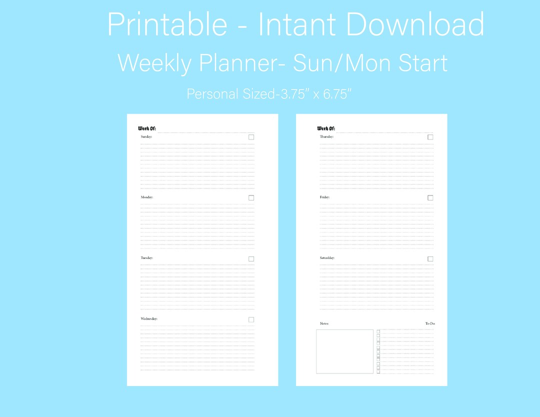 Printable Weekly Planner, Week on 2 Pages, Personal Sized Planner ...