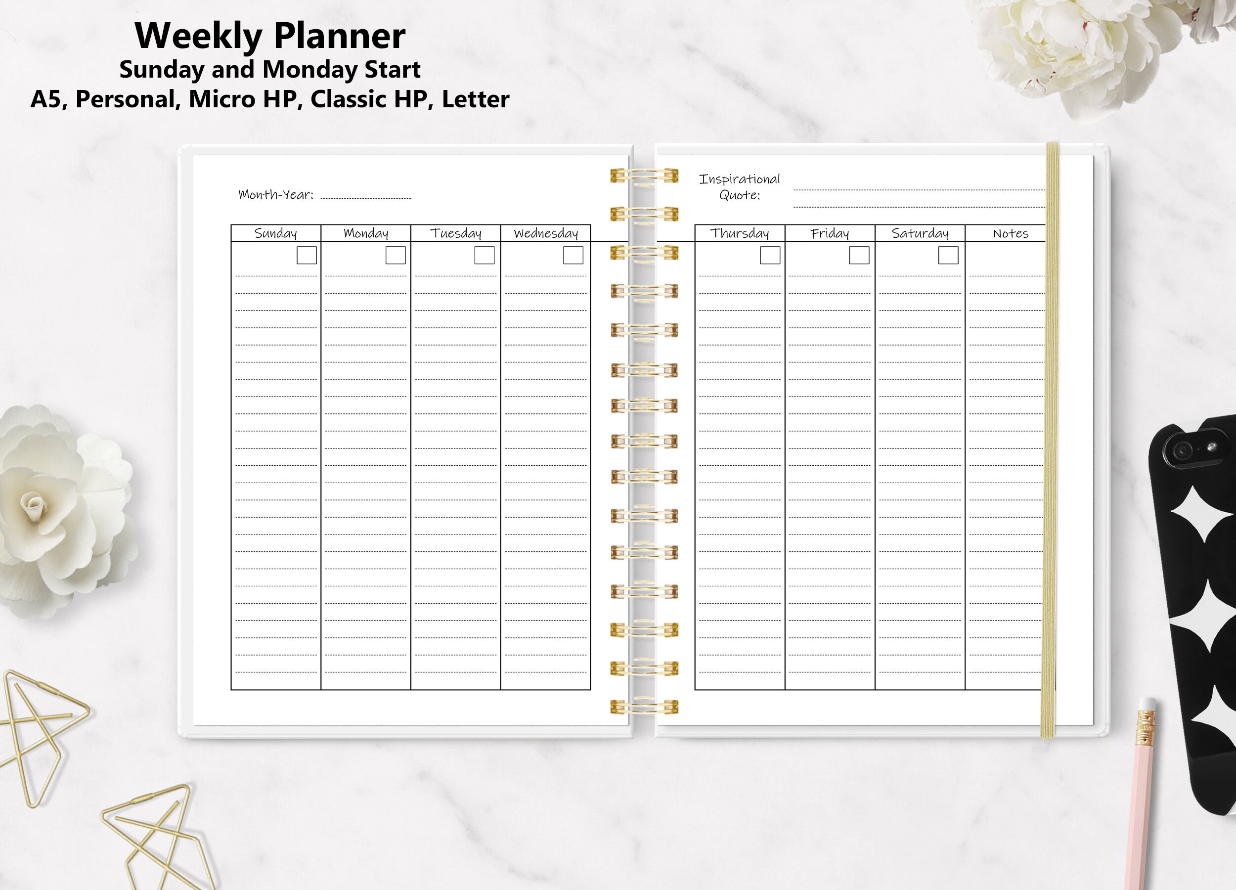 Undated Weekly Planner Printable Sunday and Monday Start A5 - Etsy