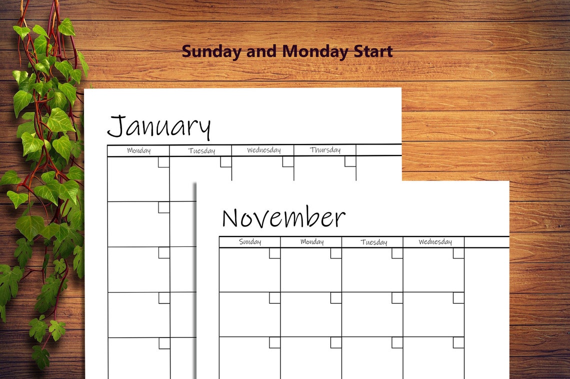 Undated Printable Monthly Calendar on Two Pages, Classic HP, Sunday and ...