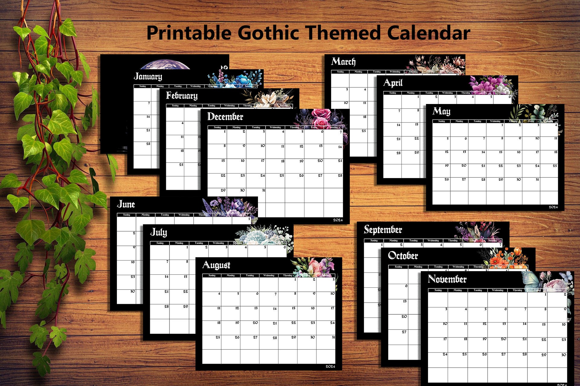 2024 Printable Gothic Themed Calendar Package Sunday Start Landscape Orientation - Etsy
