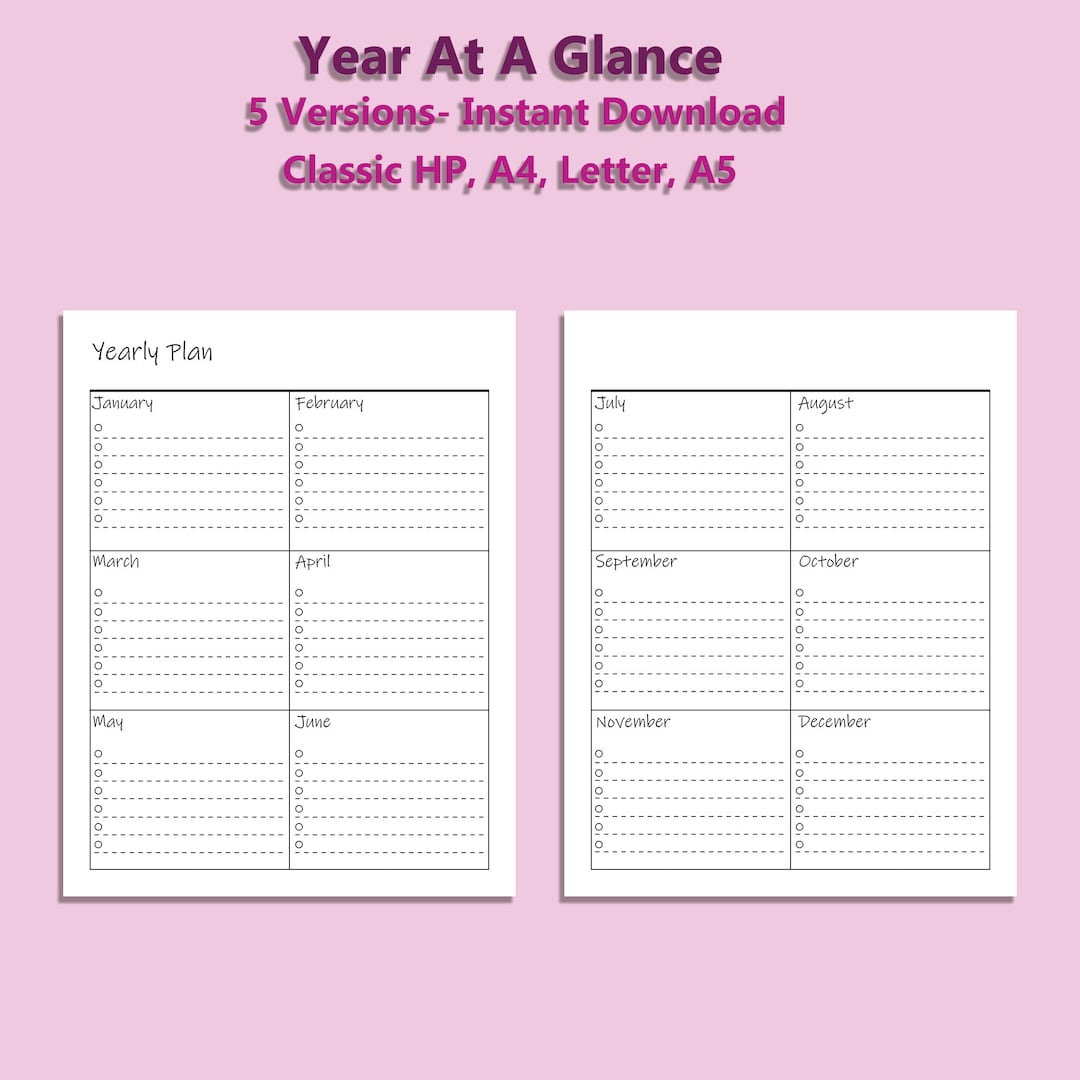 Year at a Glance, Two Page Yearly Planner Printable, 12 Month Overview ...