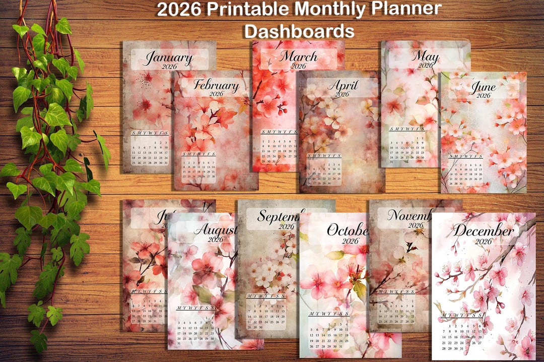 2026 Floral Monthly Planner Dashboards (printable), A5 - Personal ...