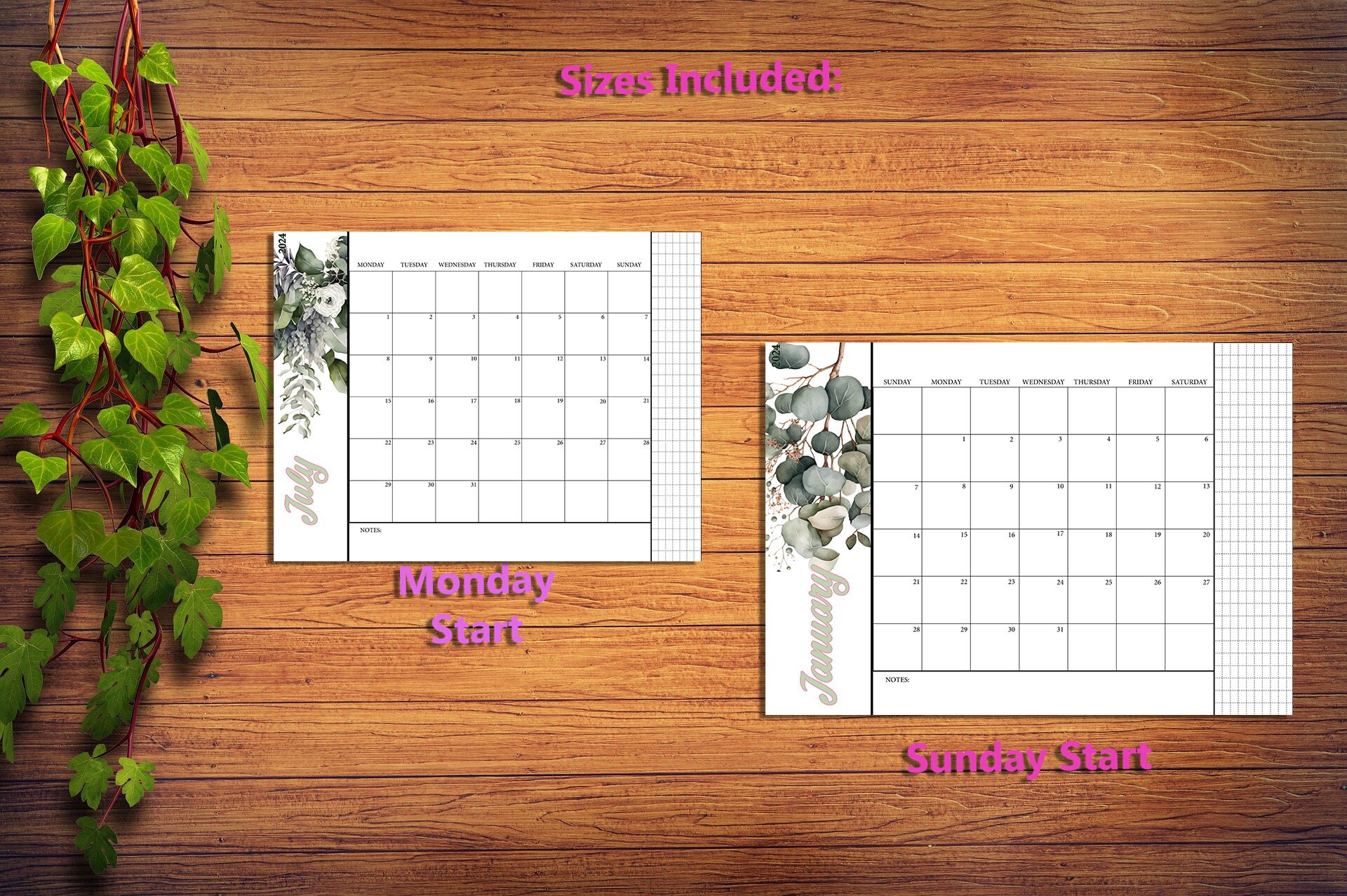 Printable 2024 Landscape Botanical Calendar Sunday & Monday Start A4 ...
