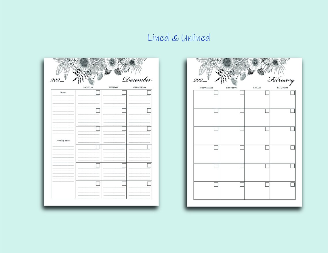 Undated Monthly Calendar Printable Planner Insertslined and | Etsy