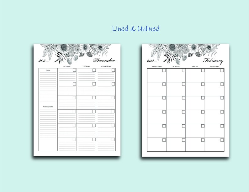Undated Monthly Calendar Printable Planner Insertslined and | Etsy