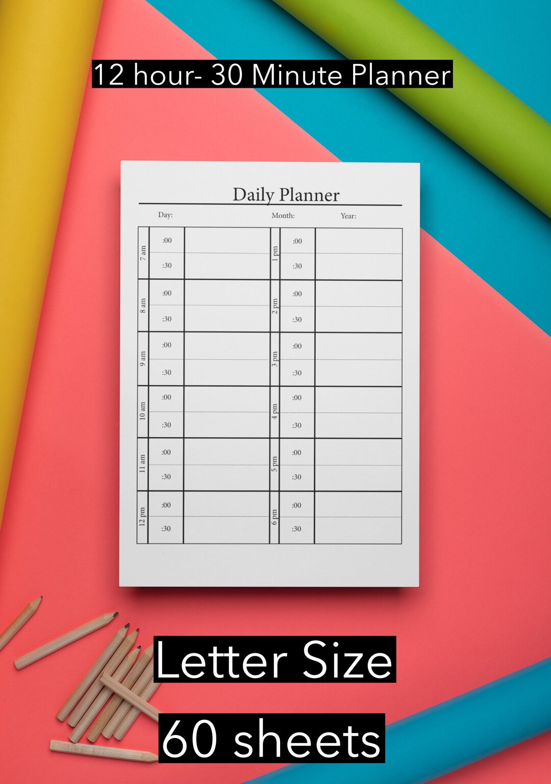 30 Minute Daily Planner Notepad, Portrait Layout- 24 Hour Planner in 15 ...