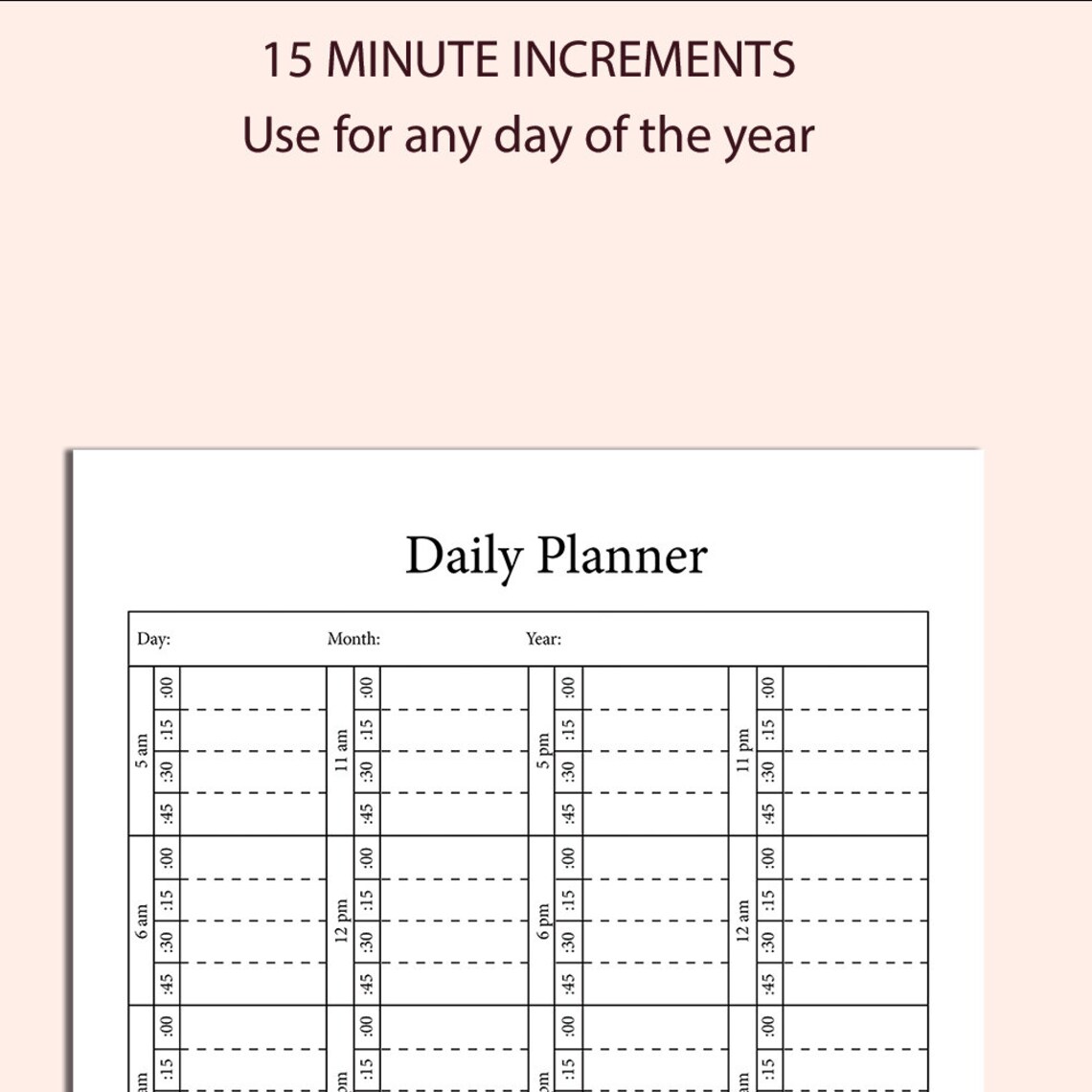 Printable 15 Minute Daily Planner Portrait Layout 24 Hour - Etsy