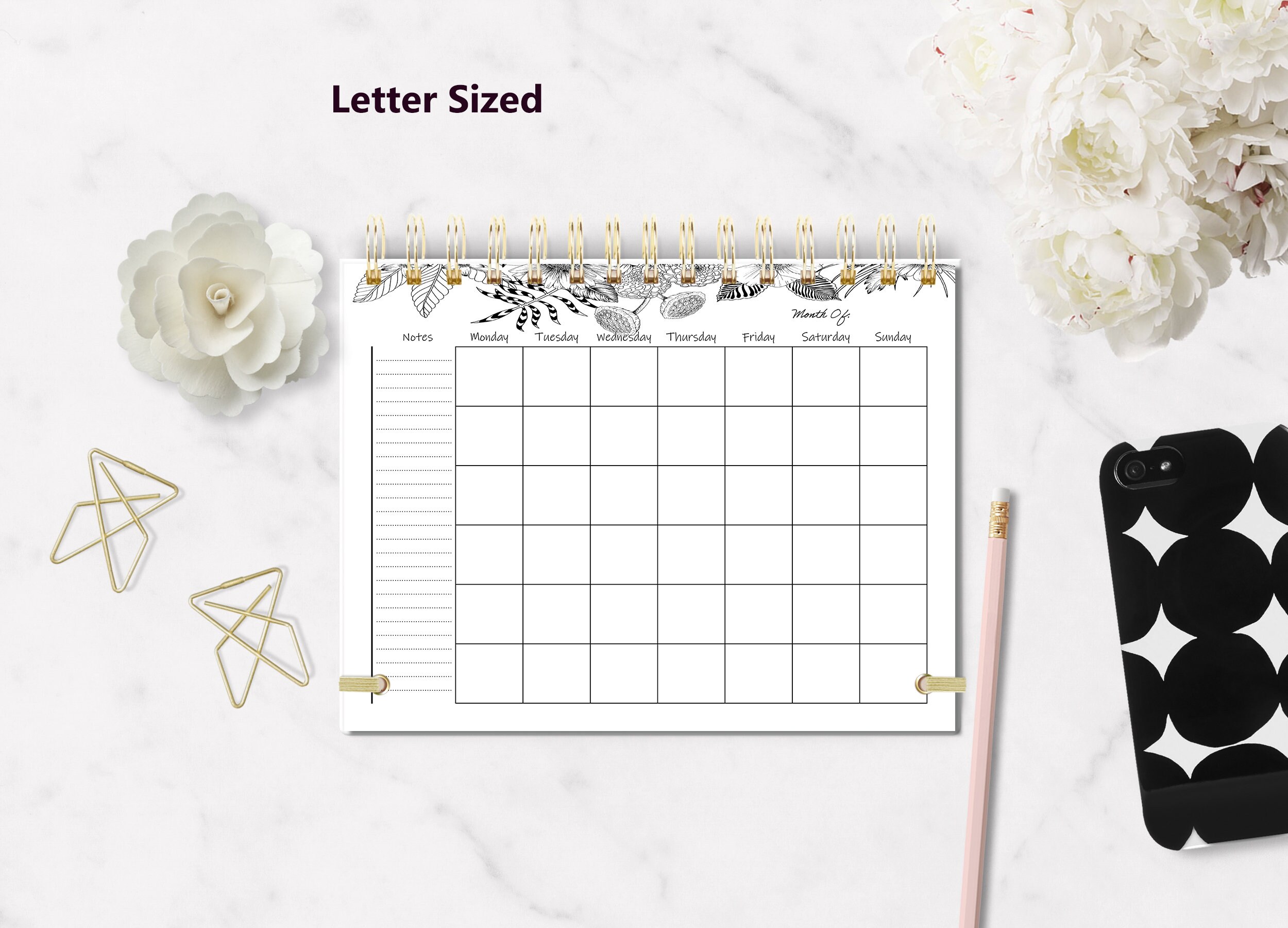 Undated Printable Monthly Calendar, Landscape Month on One Page, Letter ...