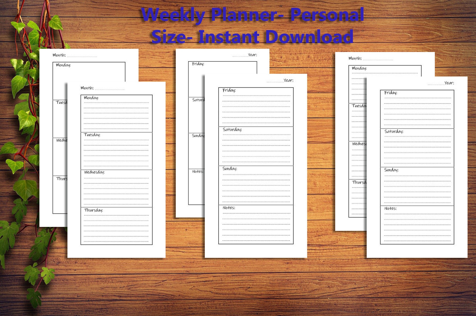 Undated Printable Weekly Planner, Personal Size Printable Planner ...