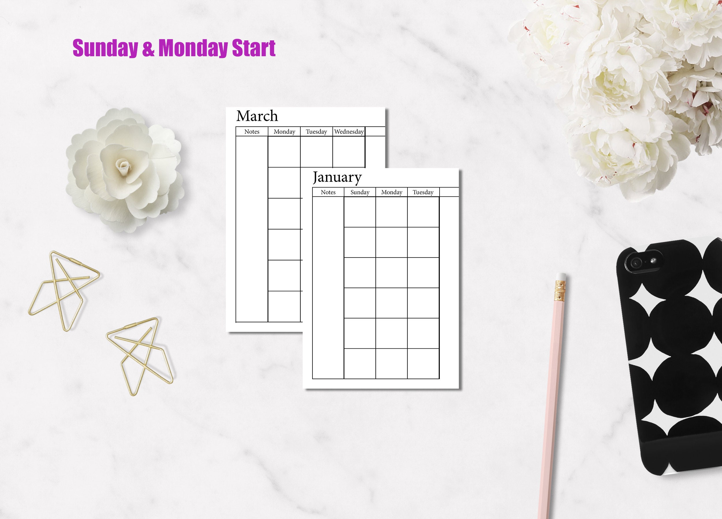 Printable Undated A6 Calendar Sunday and Monday Start Month - Etsy