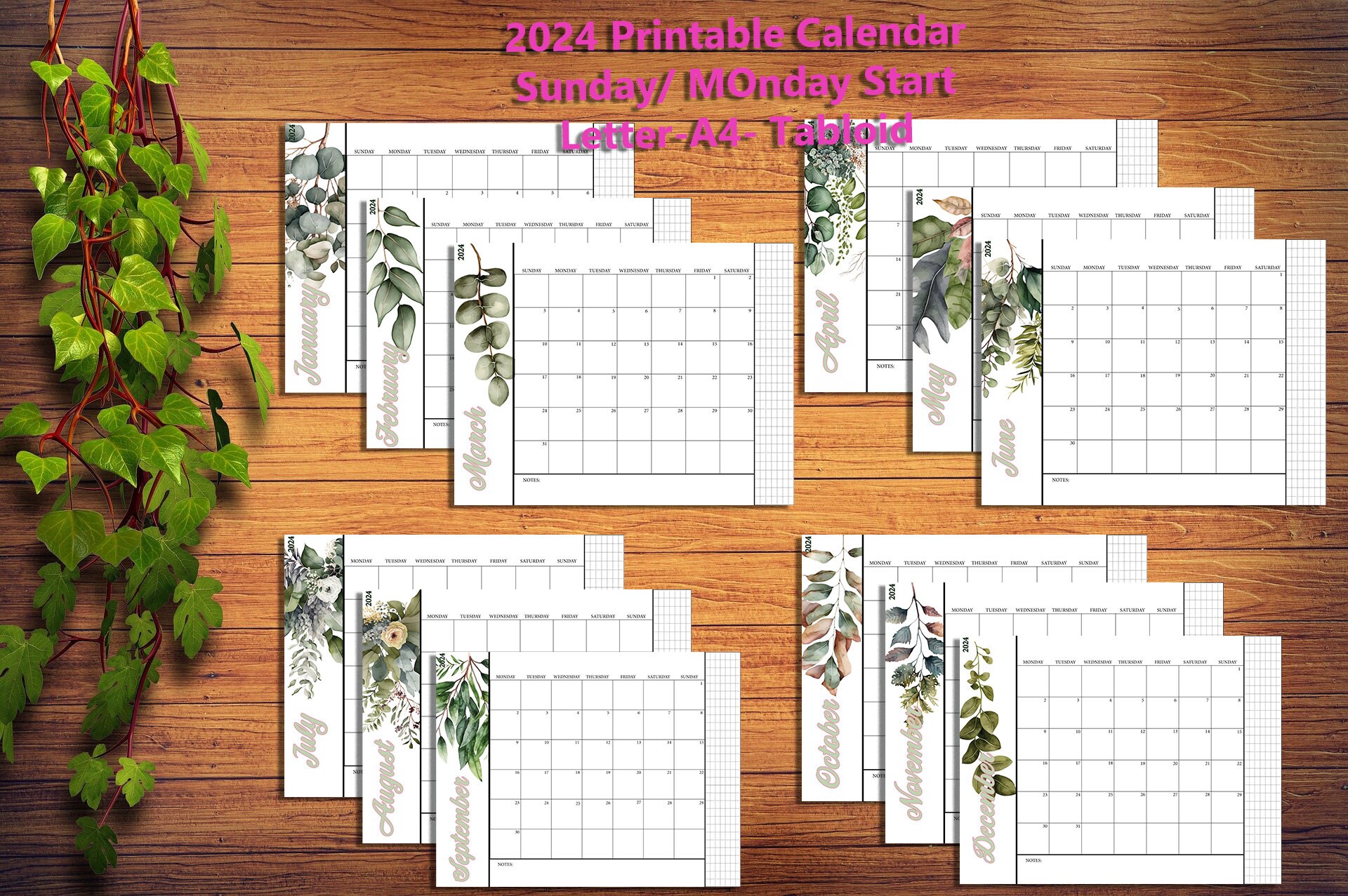 Printable 2024 Landscape Botanical Calendar Sunday & Monday Start A4 ...