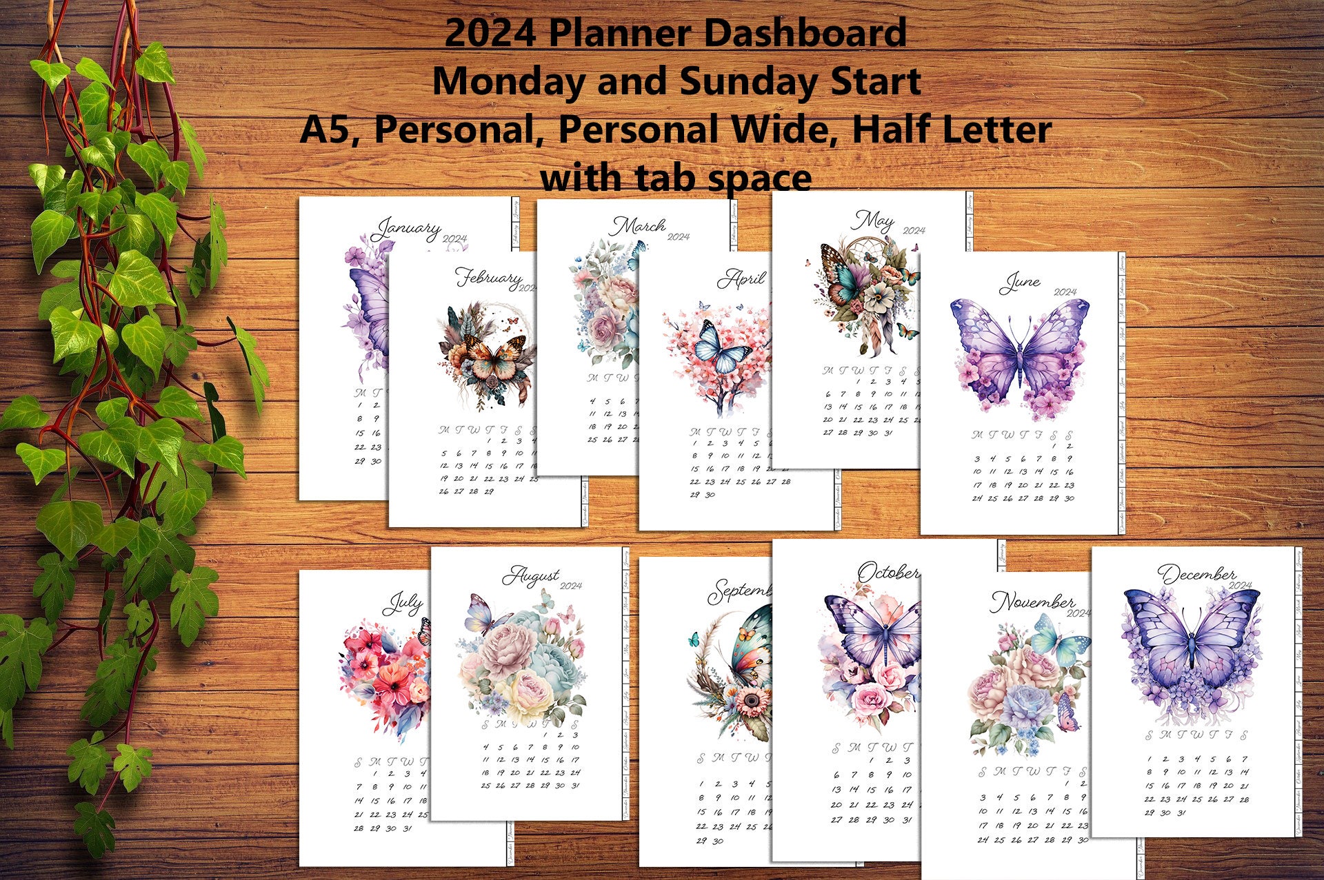 2024 Monthly Printable Butterfly Planner Insert, A5, Half Letter ...