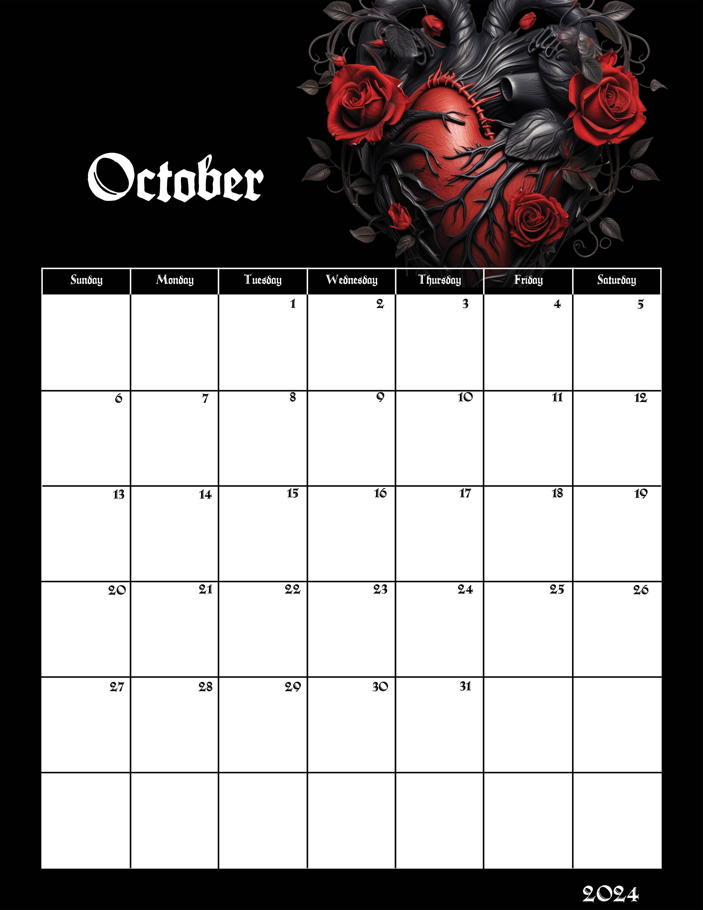 2024 Gothic Themed Printable Monthly Desk Calendar Tabloid, A4, Letter ...