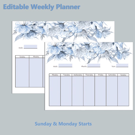 Editable and Printable Weekly Planner Sunday and Monday - Etsy
