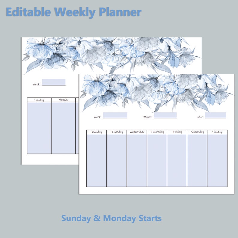 Editable and Printable Weekly Planner - Sunday and Monday Start - Etsy