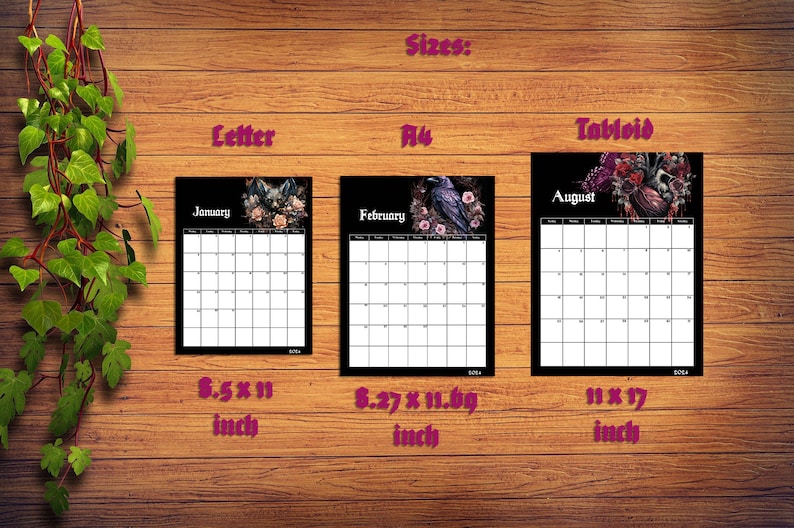 2024 Gothic Themed Printable Monthly Desk Calendar Tabloid, A4, Letter ...