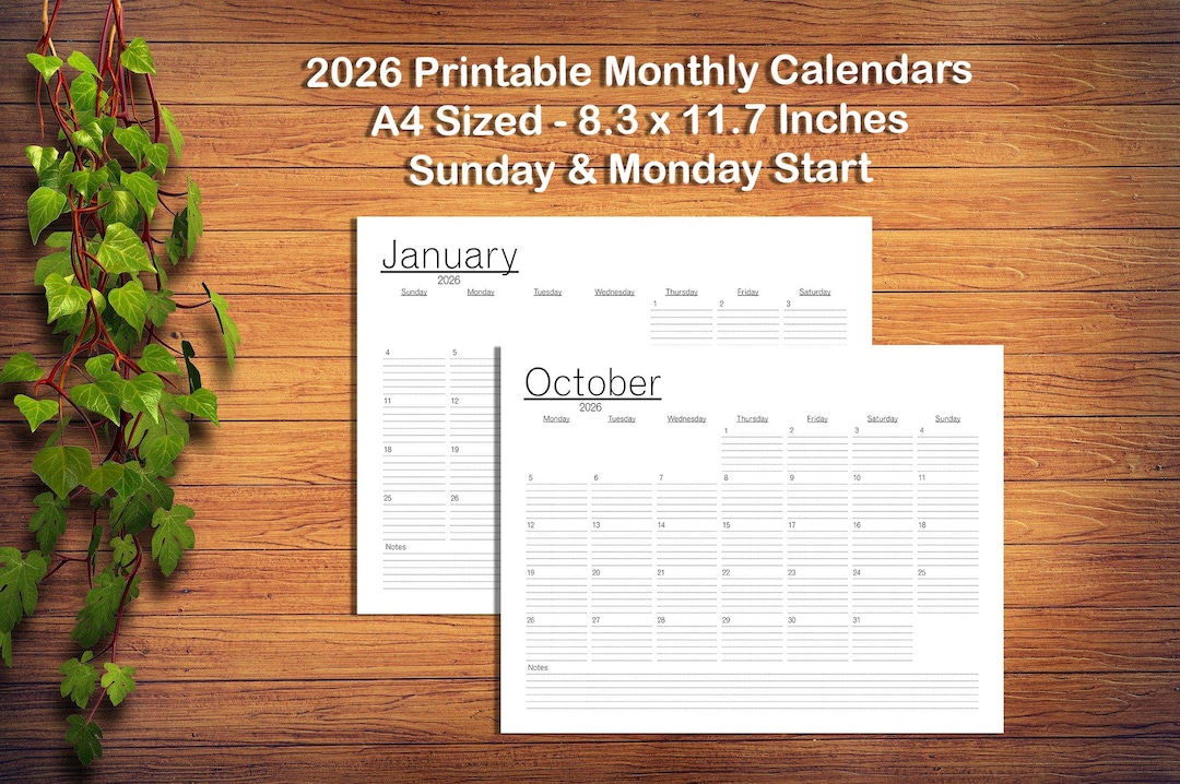 2026 Monthly Calendar - Monday and Sunday Start - Lined Calendar - A4 ...