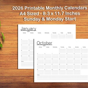 2026 Monthly Calendar - Monday and Sunday Start - Lined Calendar - A4 ...