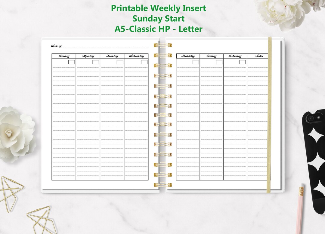 Lined Weekly Planner Printable: Sunday Start, A5/classic Hp/letter (PDF ...