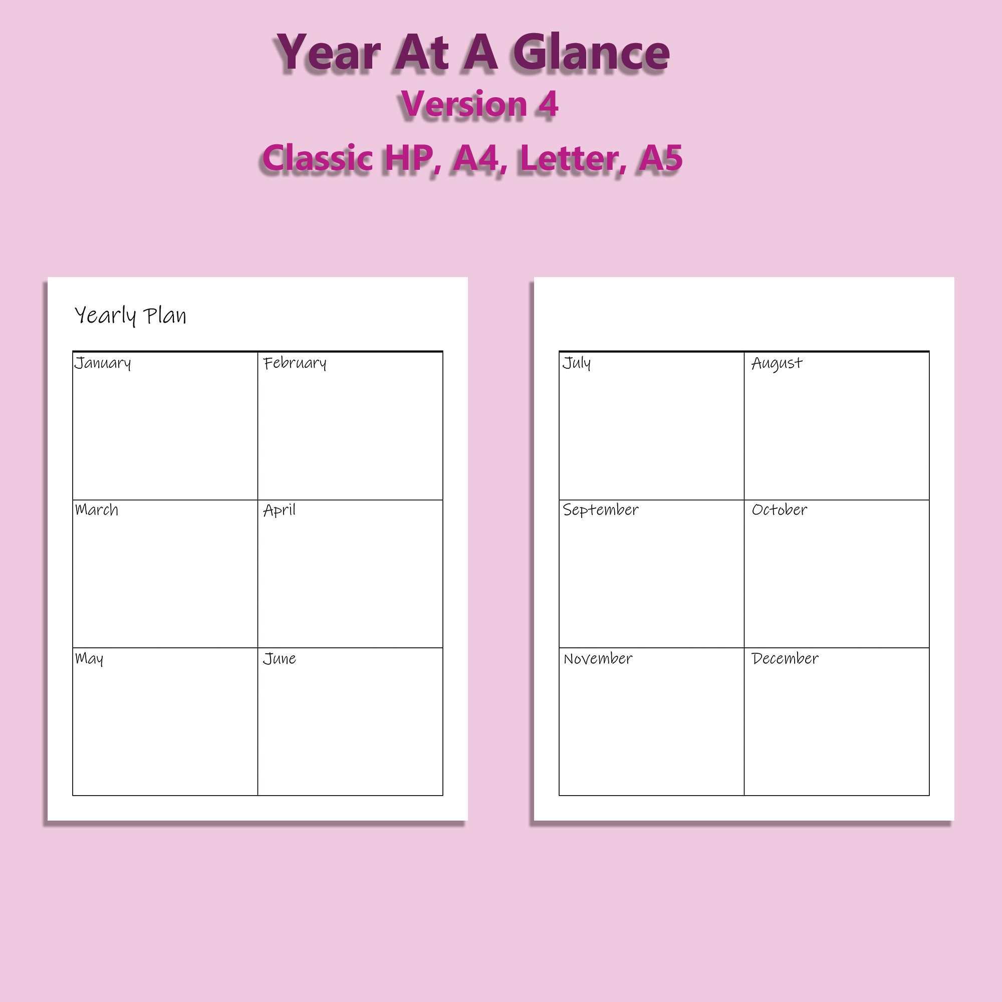 Year at a Glance, Two Page Yearly Planner Printable, 12 Month Overview ...