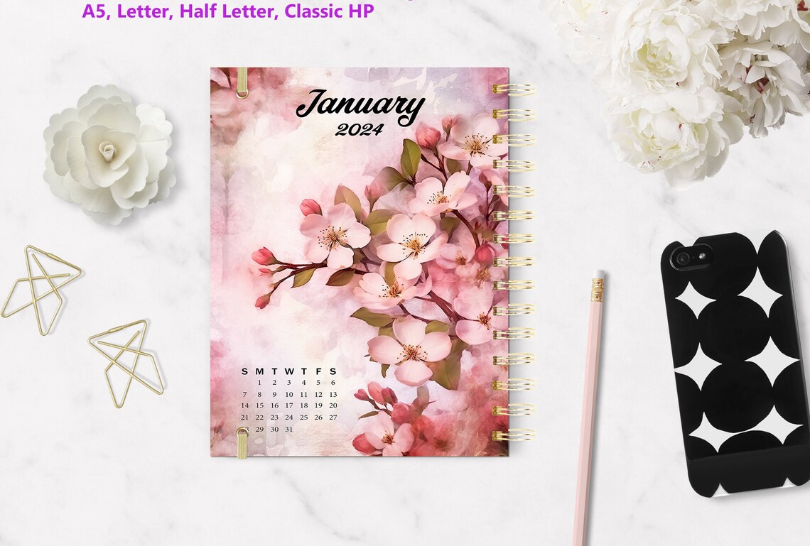 B6 and B7 Printable Floral Planner Dashboard 2024 Full Year Sunday and ...