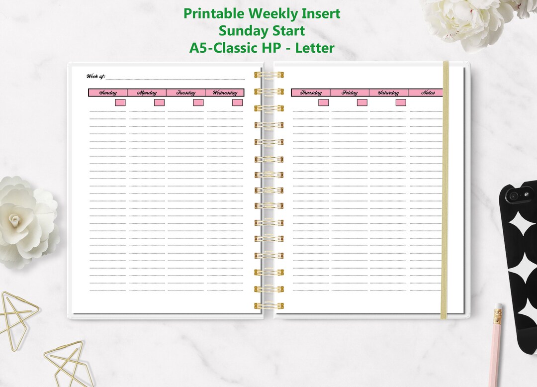 Lined Weekly Planner Printable: Sunday Start, A5/classic Hp/letter (PDF ...